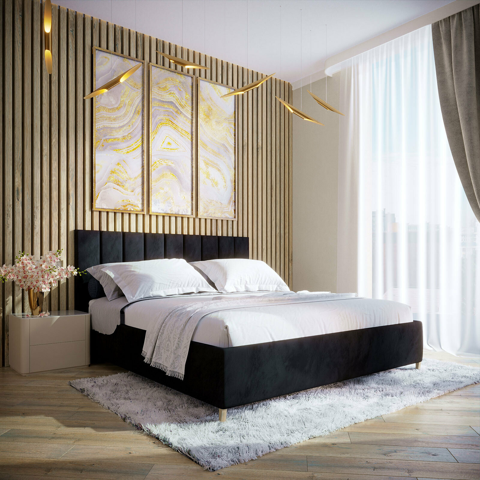 Кровать с подъемным механизмом ИнРум Line черный велюр, 180х200, с ножками