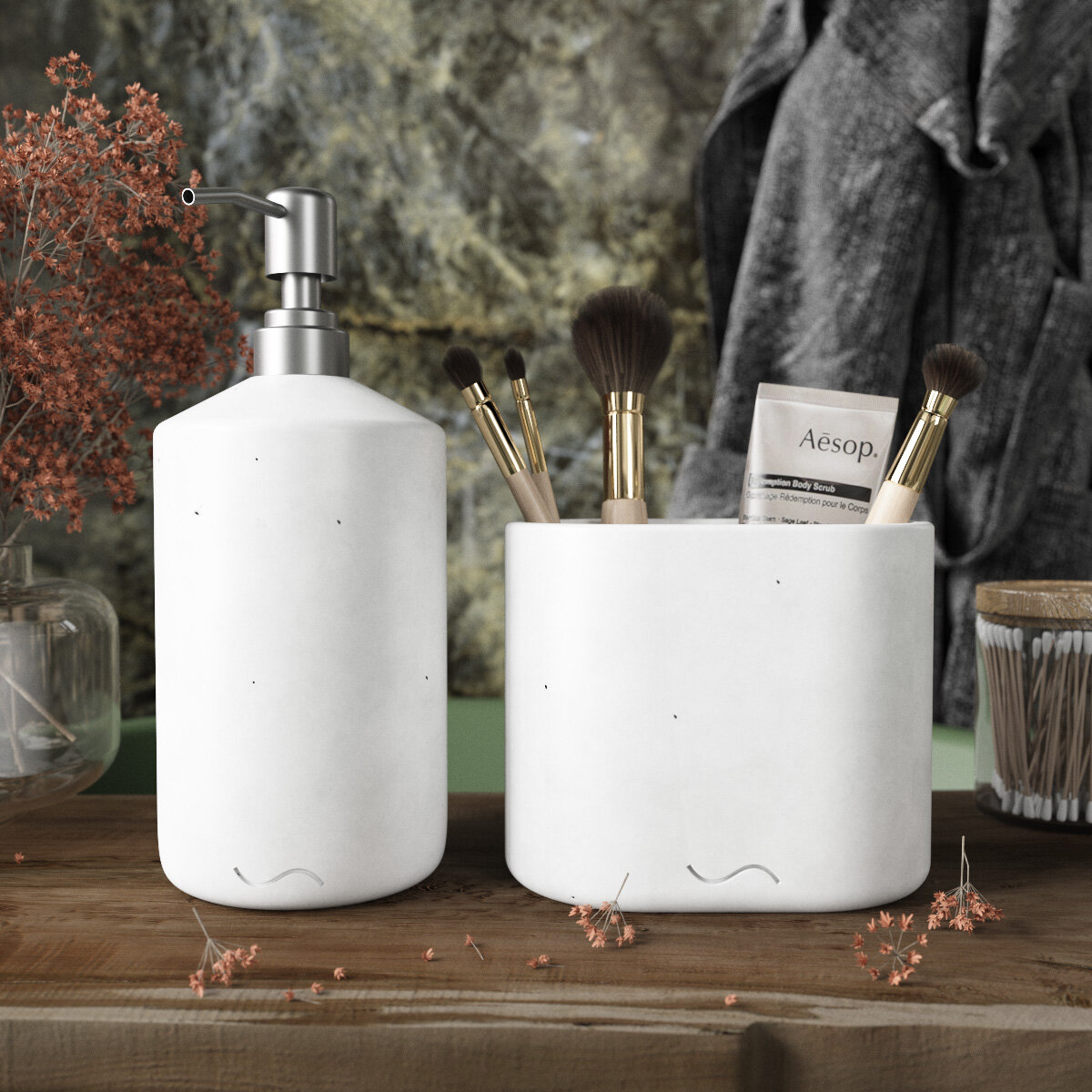 Набор для ванной Astrid 18 (дозатор для жидкого мыла 0,4 л, двойной стакан для зубных щёток) бетон, белый глянцевый