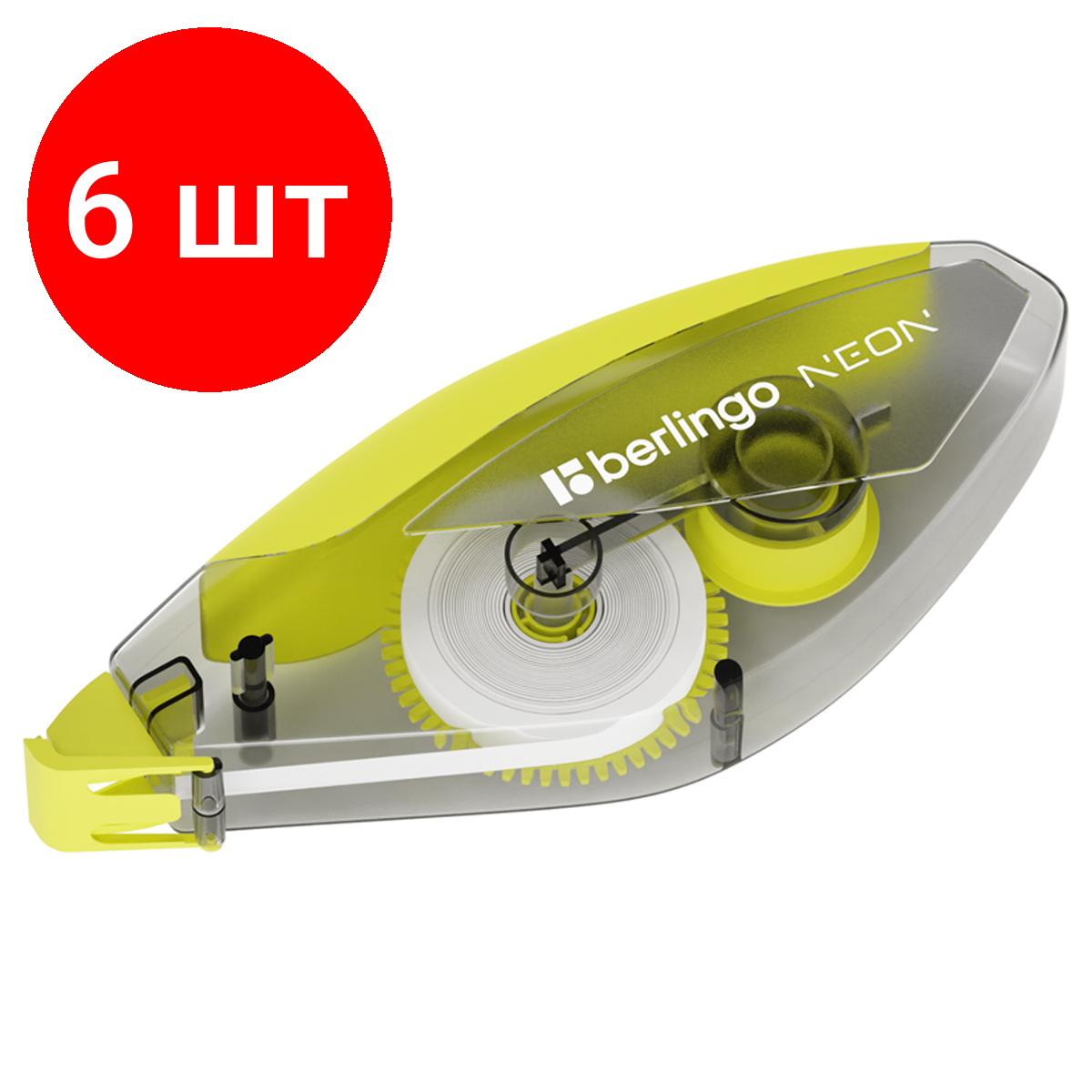 Комплект 6 шт, Корректирующая лента Berlingo "Neon" 5мм*10м, желтый, PET бокс, европодвес