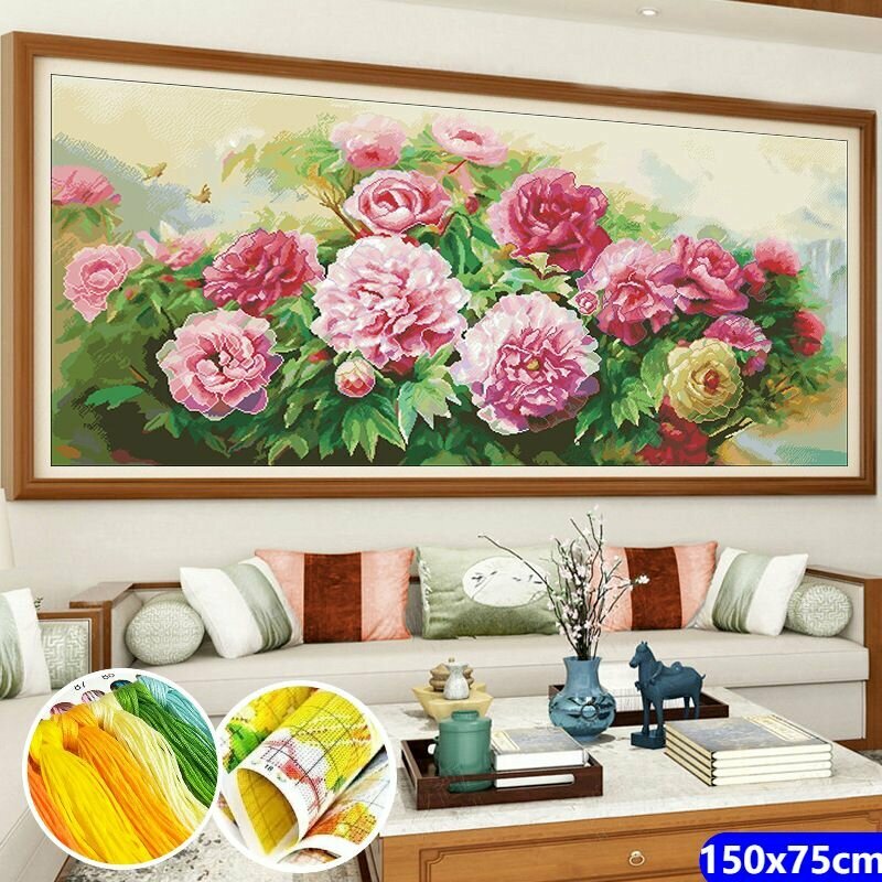 Набор для вышивания крестом, вышивка крестиком Пион, 11CT 150x75cm, полная зашивка (без подрамника, без рамки)