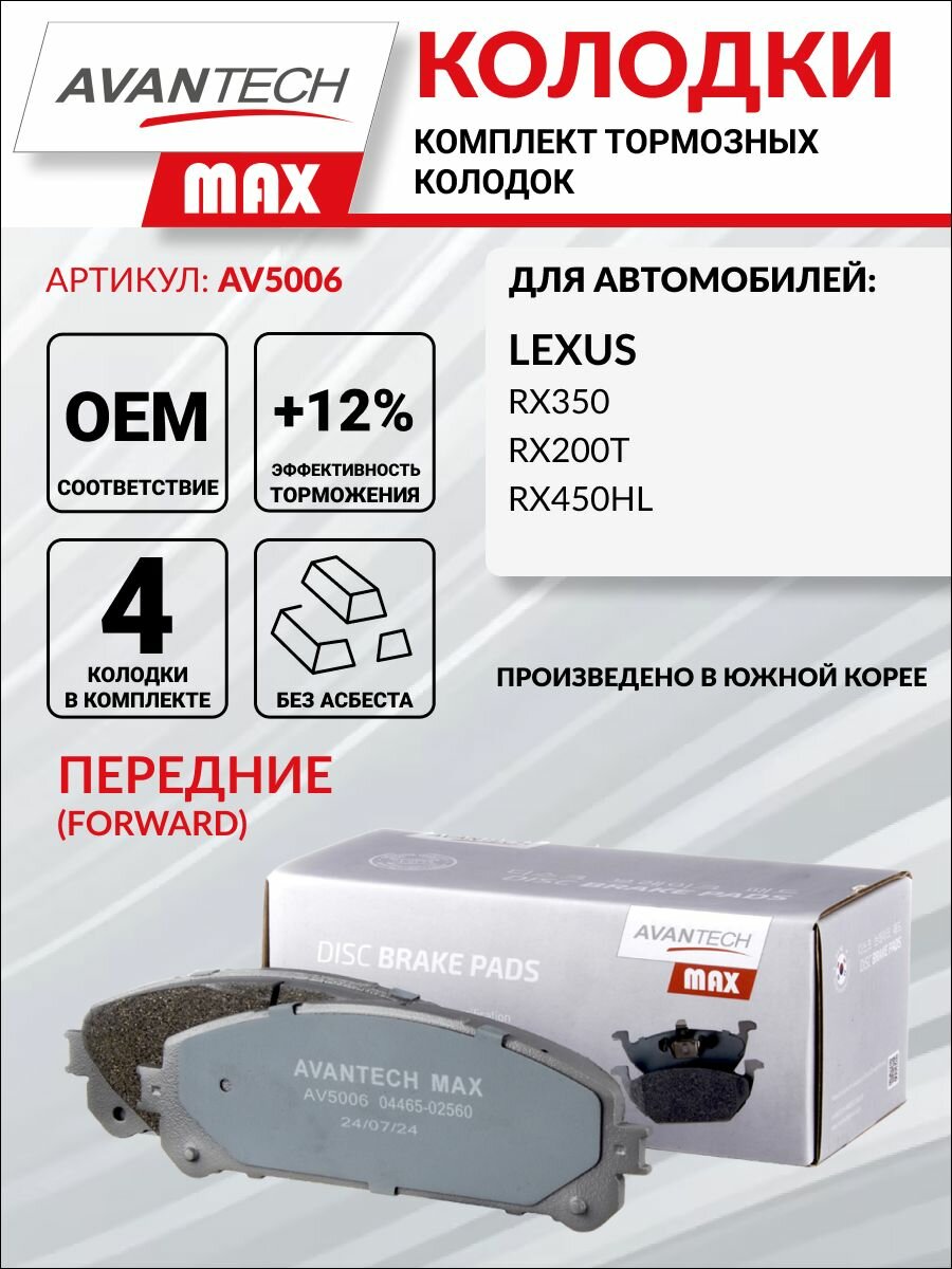 Колодки тормозные дисковые Avantech MAX арт. AV5006 передние для LEXUS RX/NX, TOYOTA HARRIER/HIGHLANDER