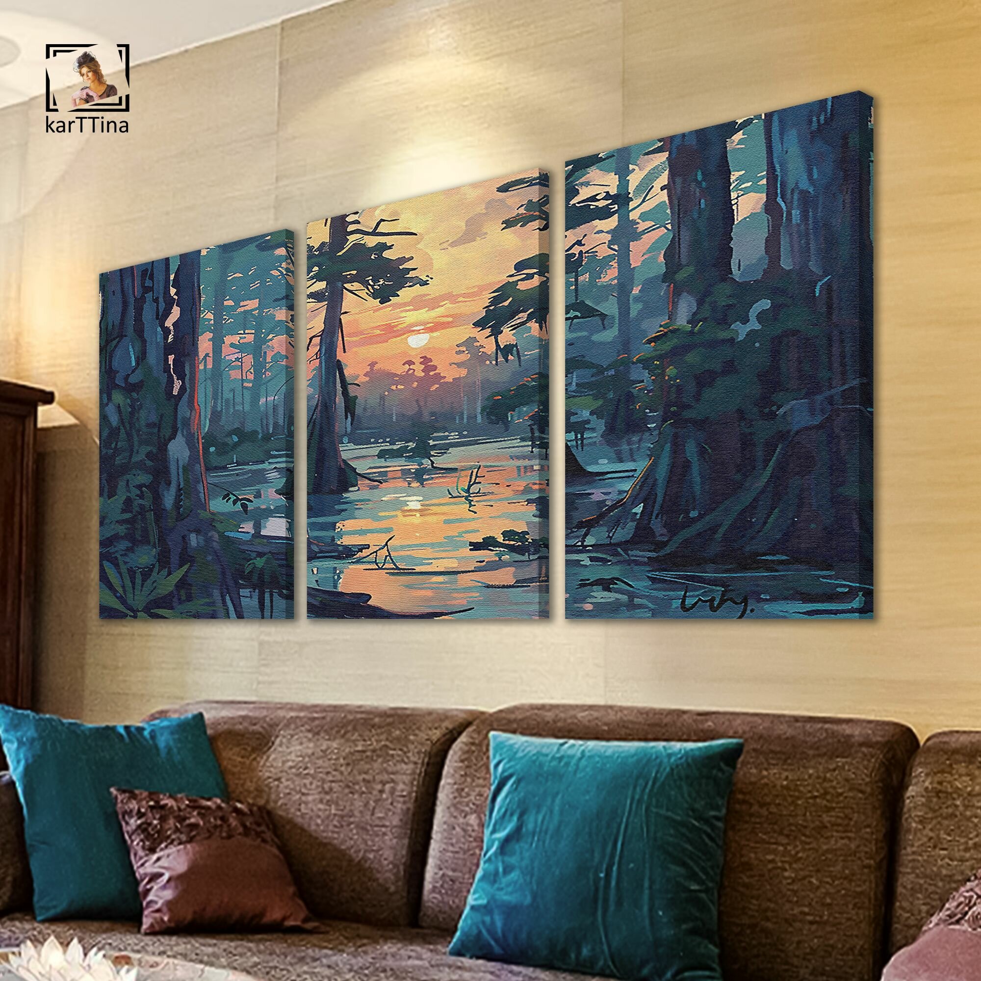 Картина на стену, интерьерная "Закат на болоте", 150 см х 70 см