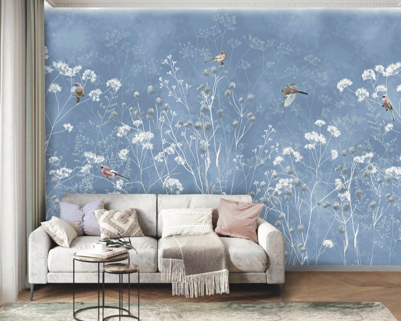 Обои бесшовные "Птички Урагусы" серо-голубой (ширина 2550мм х длина 3500мм)