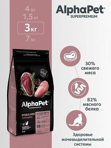 Корм сухой AlphaPet Superpremium для взрослых стерилизованных кошек и котов с уткой и индейкой, 3 кг