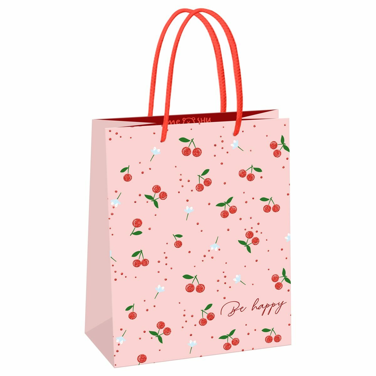 Пакет подарочный 18x23x10см MESHU "Cherry", блестки, матовая ламинация (MS_61586)