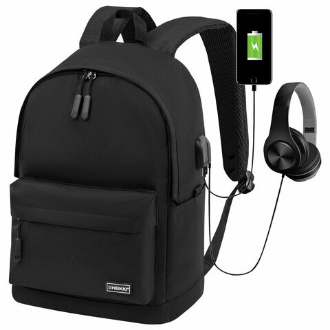Рюкзак HEIKKI ACTIVE (хейки) универсальный, отд. для ноутбука, USB-порт, черный, 44х31х14 см, 272560