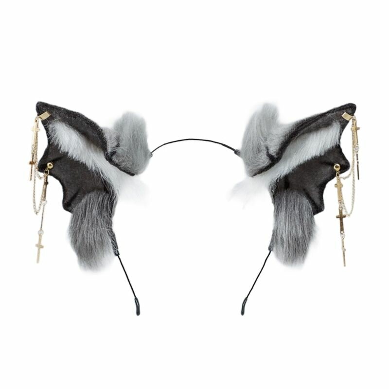 Повязка на голову с ушами летучей мыши-вампира-Серо-белая цепочка для ушей
