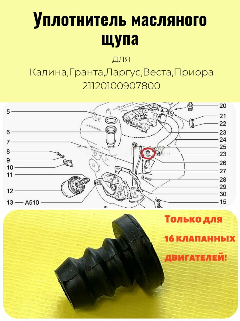 Уплотнитель масляного щупа для ВАЗ 2192-2194 Калина 2я модель, Гранта ФЛ, Ларгус, Веста, Приора 21120100907800