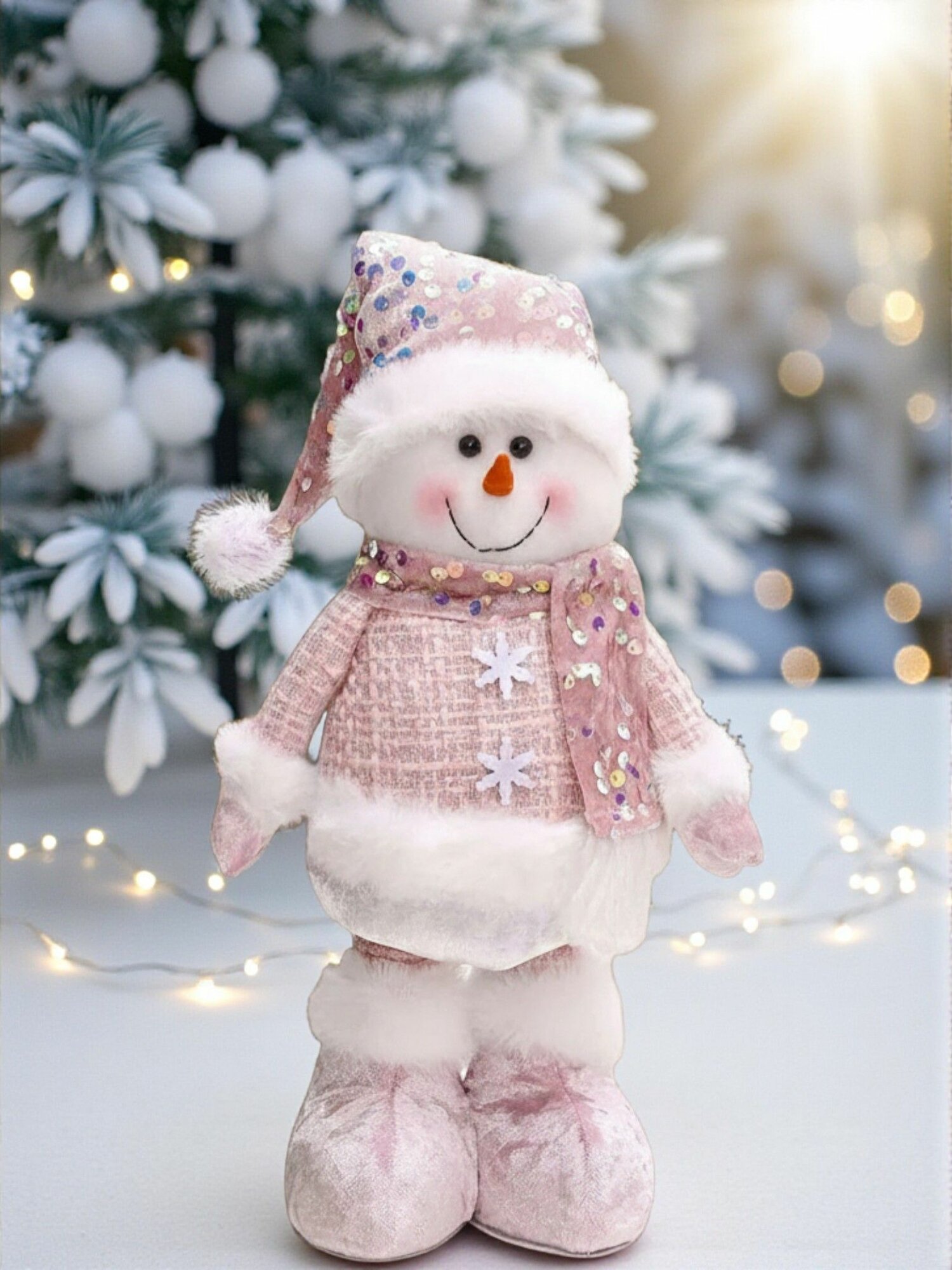 Игрушка под елку розовый "Снеговик", текстиль, 50см, телескопические ножки