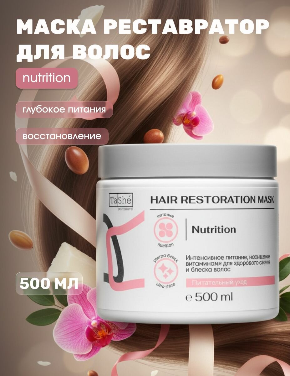 Маска реставратор для волос Nutrition Питание и блеск с маслами авокадо и кокоса для глубокого восстановления, 500 мл