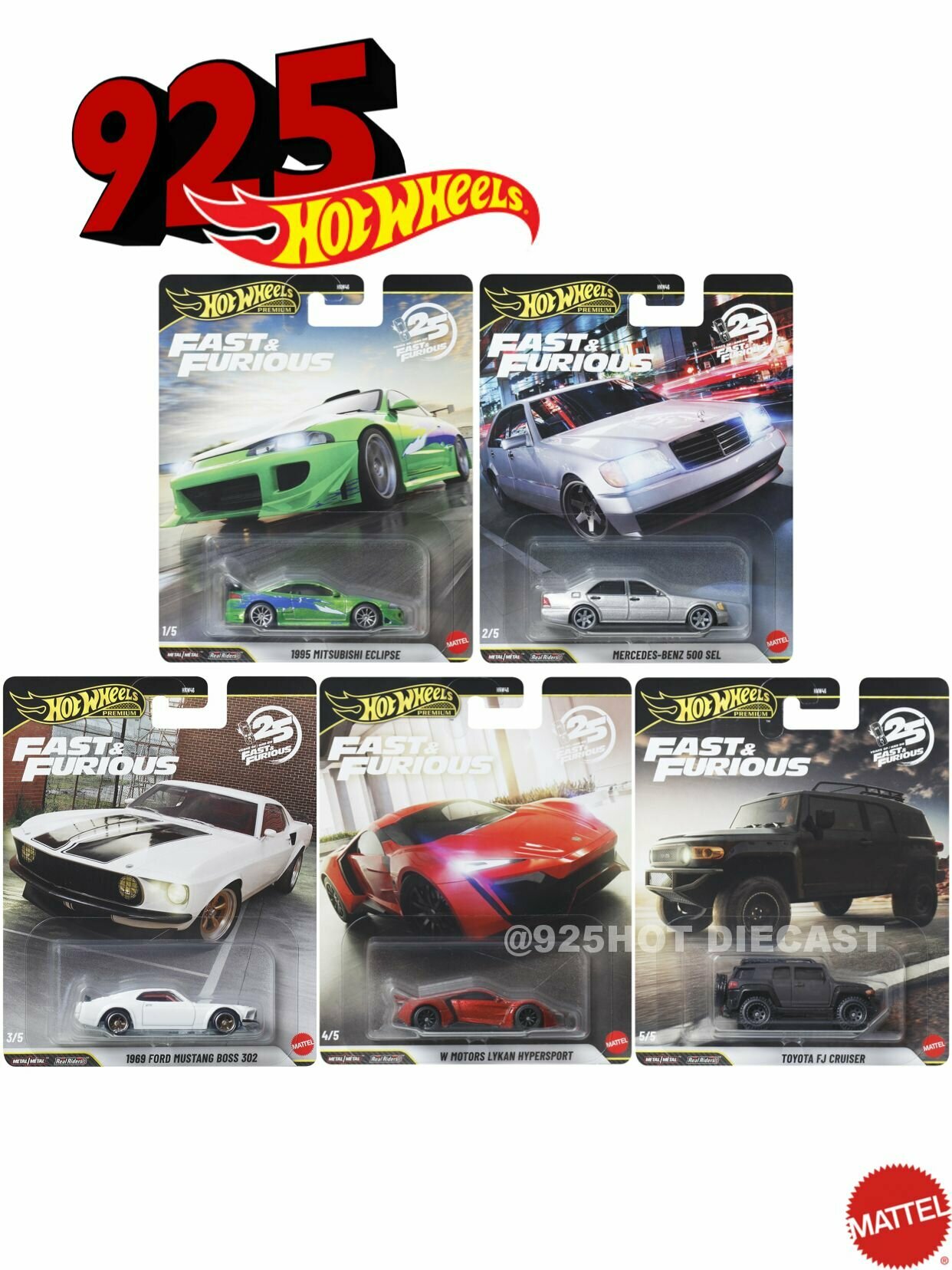 Машинка Hot Wheels Fast & Furious Premium HNW46 2026N 95 Mitsubishi Eclipse Benz Ford Mustang Lykan Toyota Всего 5 автомобилей.