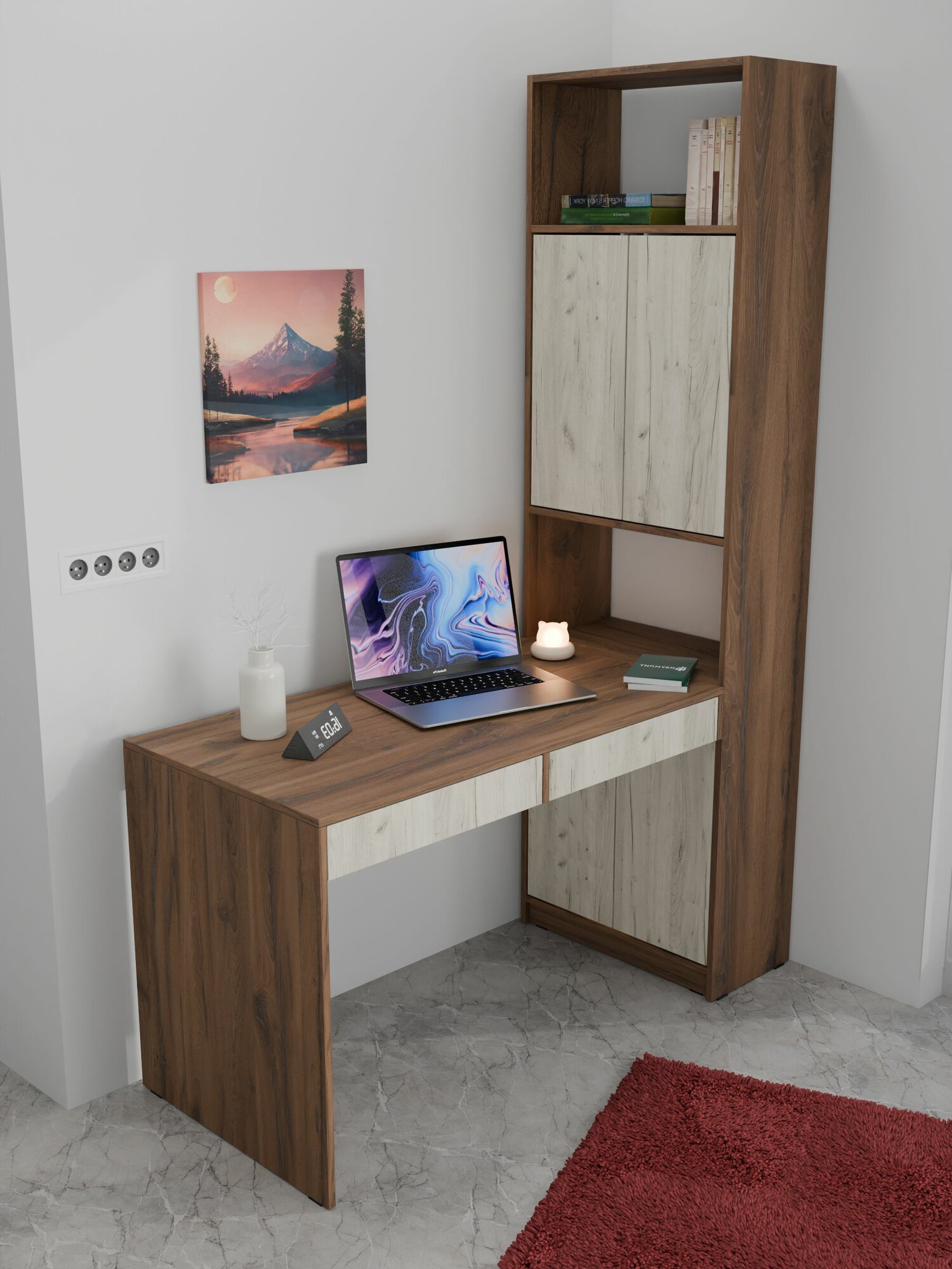 Изумлит Стол-стеллаж с дверьми письменный угловой, стеллаж справа 200х140х59.2 см, дуб крафт табачный - дуб крафт белый