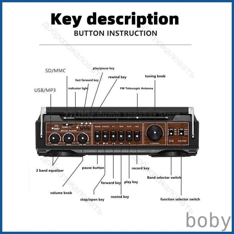 Магнитола CMIC MK-132BT, 3BAND RADIO CASSETTE RECORDER, красный — фото 1