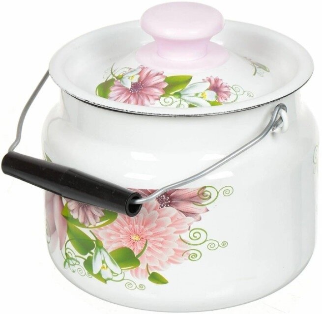 Бидон эмалированный Керченский металлургический завод с крышкой и ручкой, белый с рисунком, 2л / ёмкость для хранения / бак пищевой