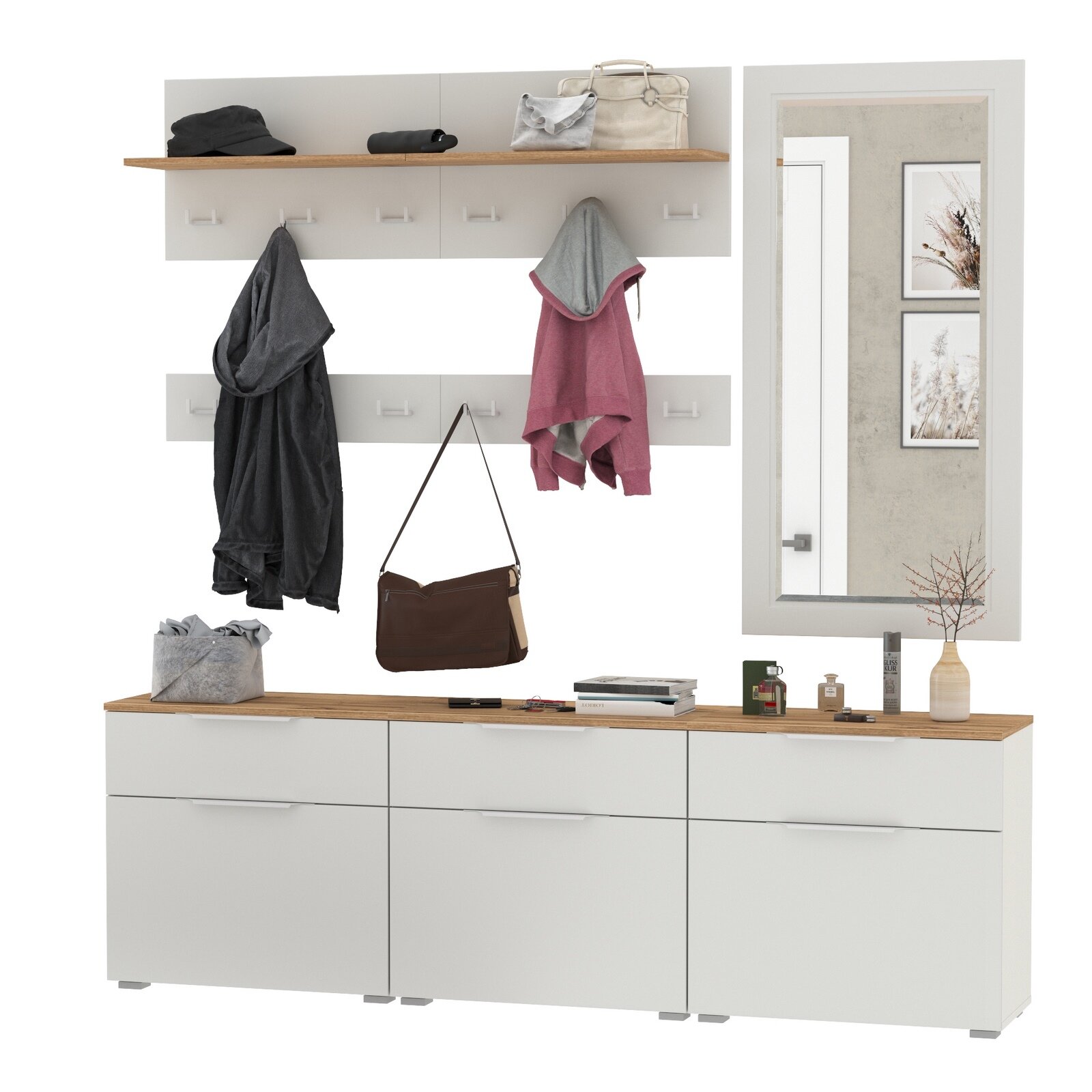 Прихожая комплект мебели для гардеробной, напольная 195см белый шагрень/дуб крафт золотой/фасады МДФ белый шагрень