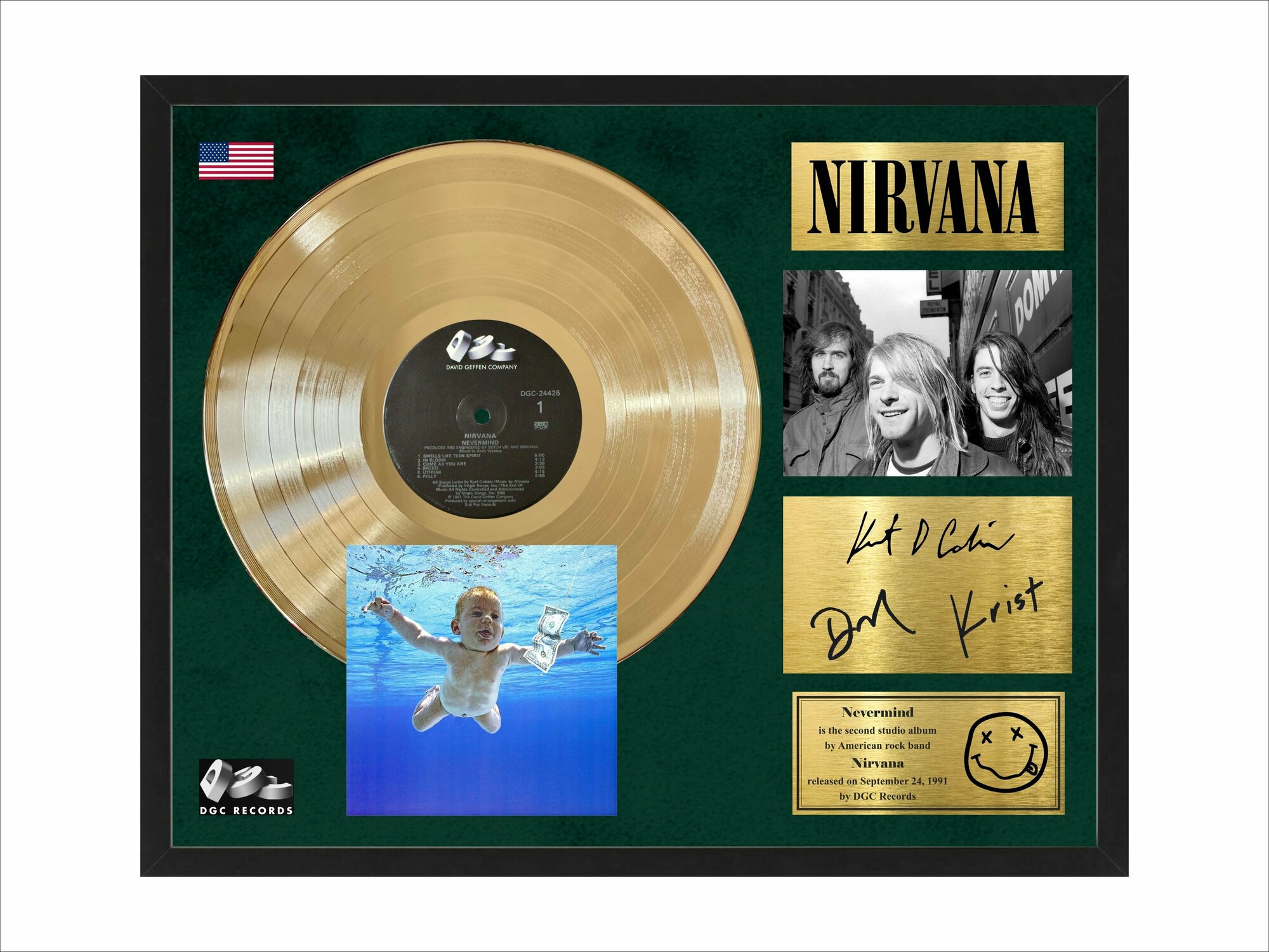 Nirvana Nevermind золотой диск в рамке с автографами