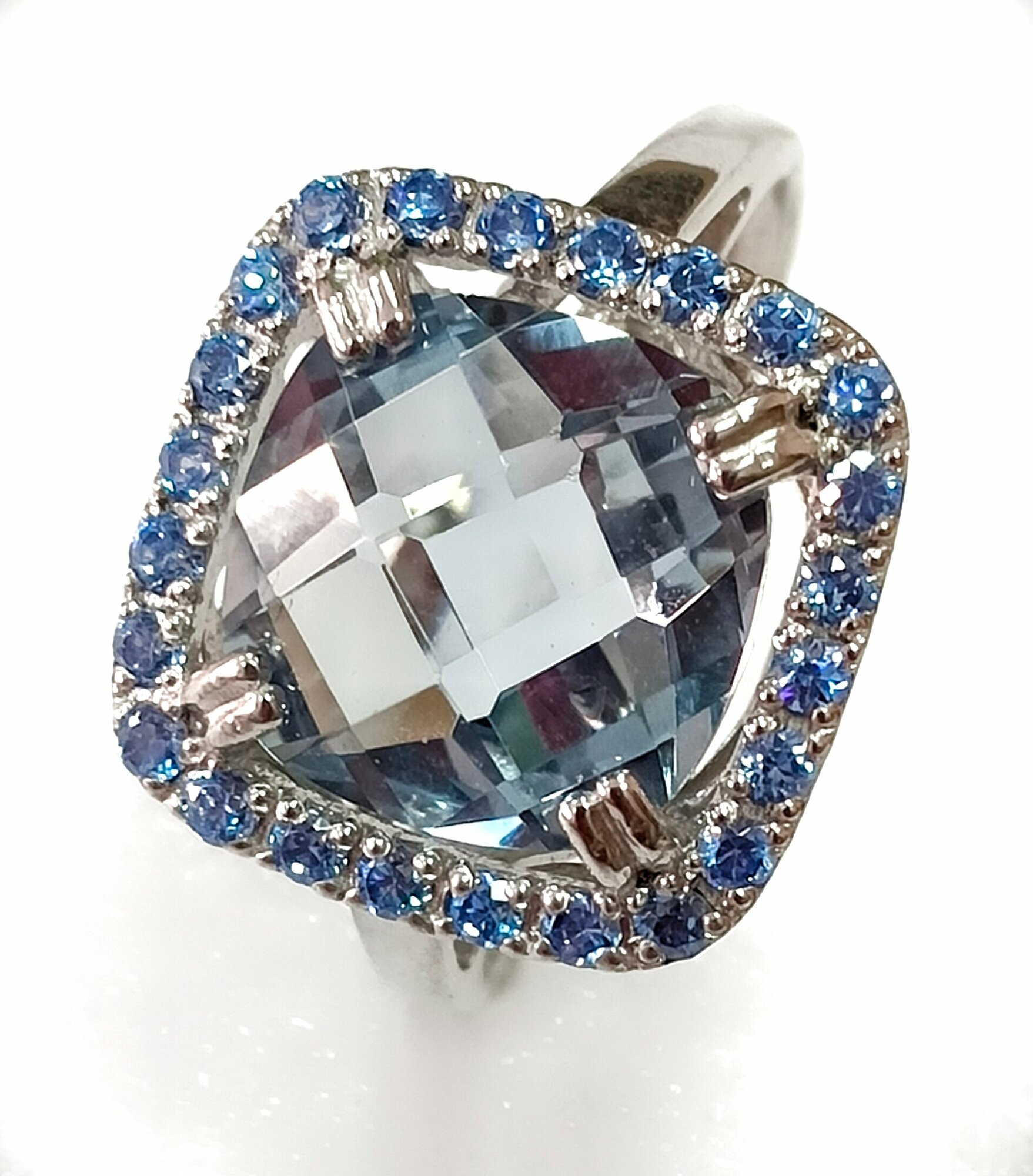 Кольцо, серебро, 925 проба, родирование, фианит, аквамарин синтетический