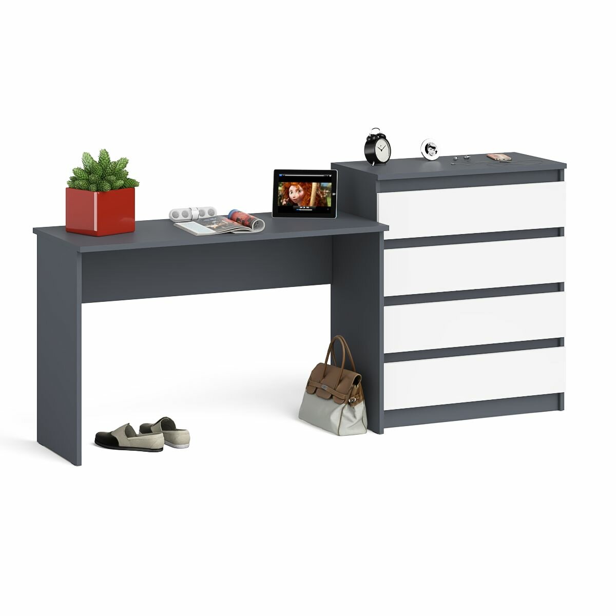 Стол письменный с комодом СВК Мори МК800 4 ящика цвет графит/белый, 200,8х50х94 см