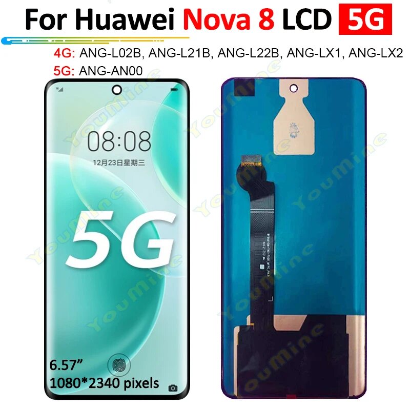 Протестированный OLED ЖК-дисплей для Huawei Nova 8 5G, ЖК-экран + сенсорная панель, дигитайзер в сборе для Huawei Nova 8, ЖК-дисплей ANG-AN00 ANG-LX2 4G Black with frame