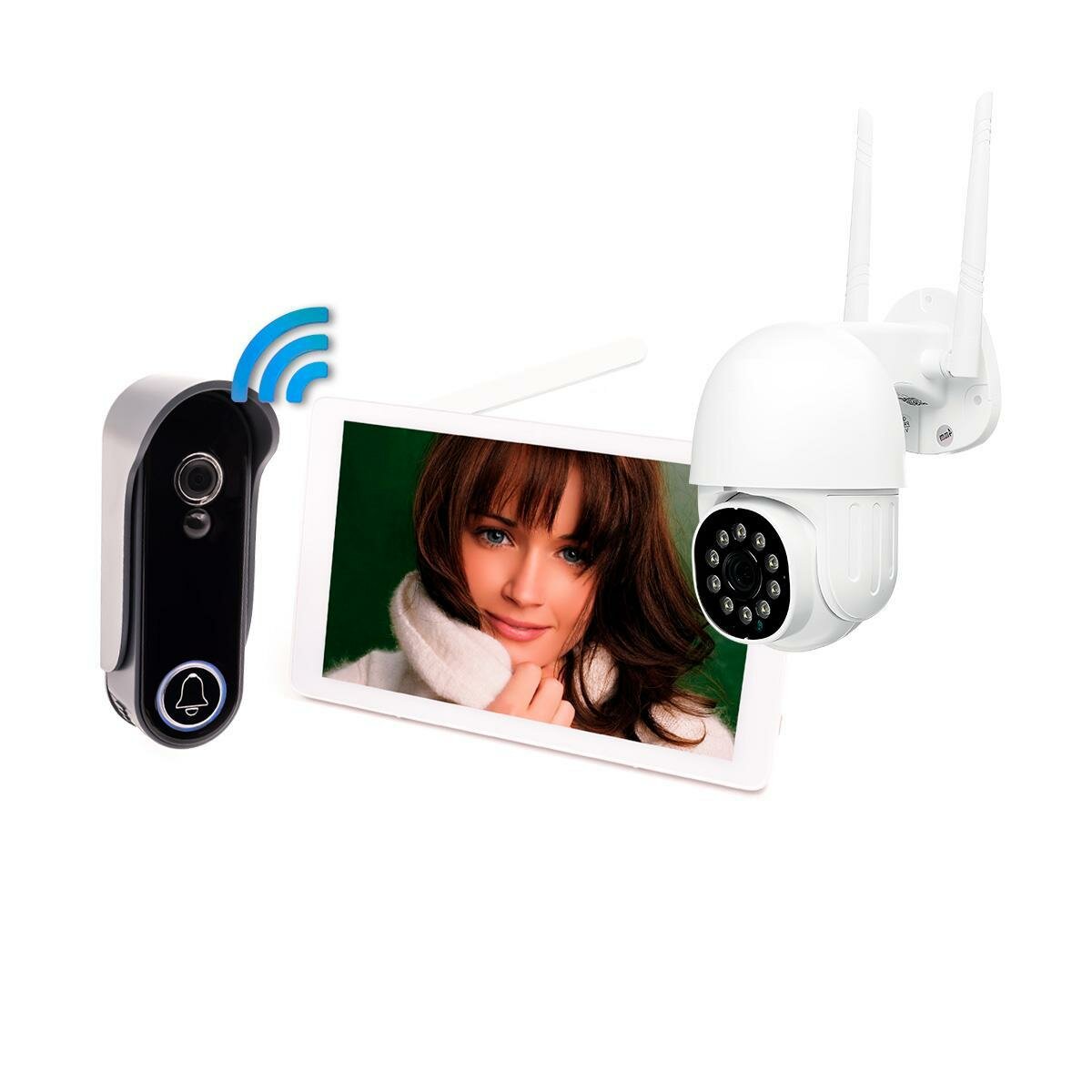 Радиоканальный HD домофон TUYA на батарее + 5mp поворотная Wi-Fi IP камера видеонаблюдения СкайНет 1100-Tuya (1+1)-LCD (Q25182SKY) и и беспроводная