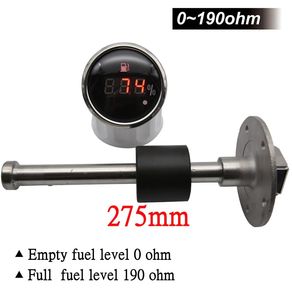 Датчик уровня топлива для лодки и автомобиля с сигнализацией + датчик уровня топлива 125 мм, 175 мм, 225 мм, 275 мм, 375 мм, 0 ~ Ом, 52 мм, цифровой датчик для автофургона with 275mm sensor