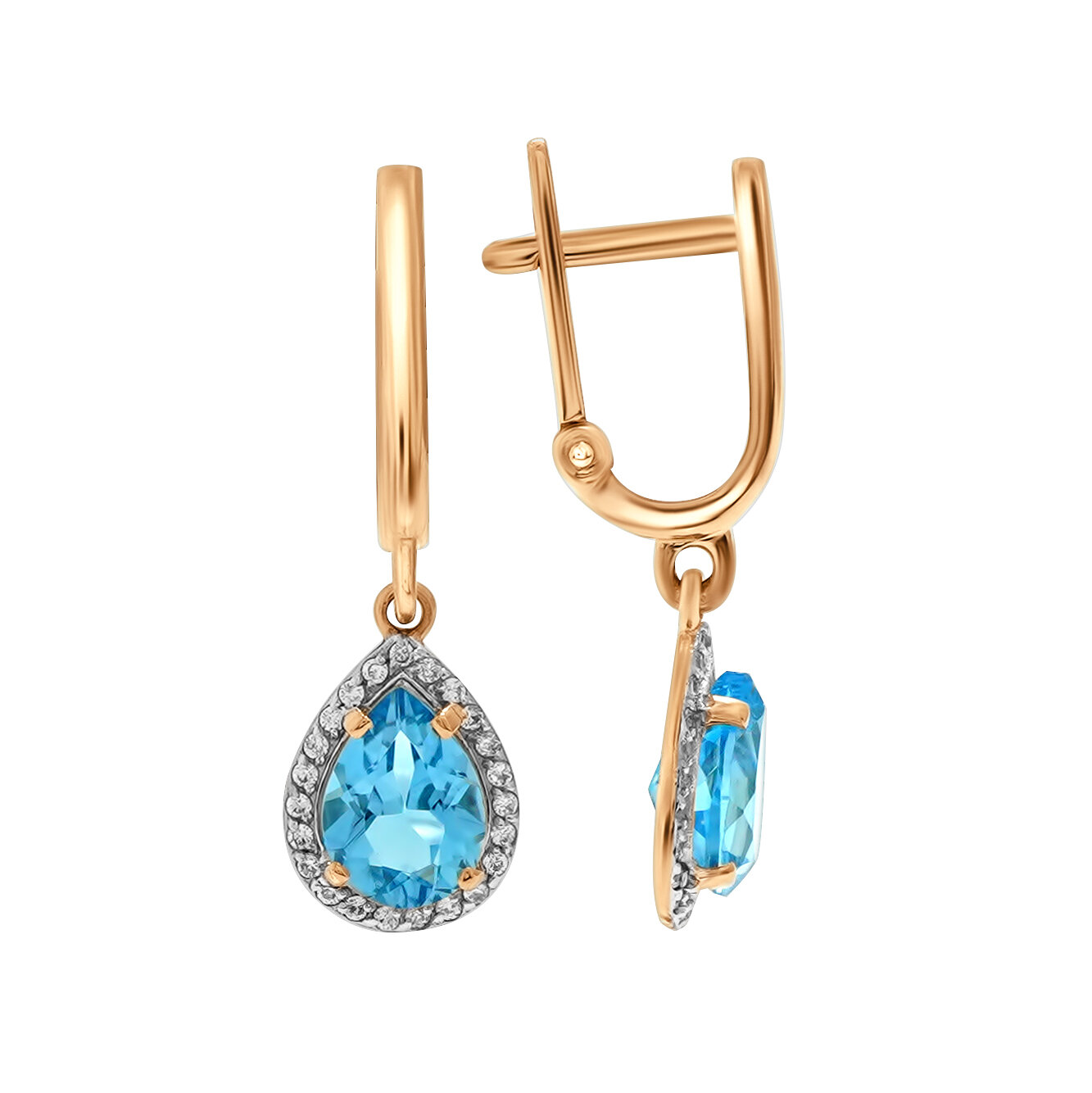 Серьги, золото, 585 проба, топаз, фианит