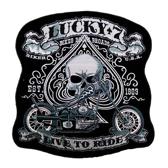 Большая нашивка на куртку, патч, шеврон байкерский, вышивка на спину LUCKY LIVE TO RIDE велюр 25х26.5см