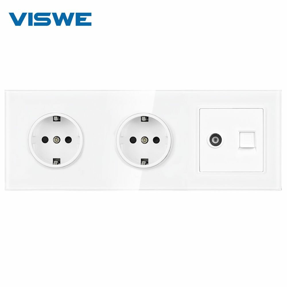 Розетка электрическая 3 поста 220В +Розетка ТВ-Компьютер RJ-45 CAT6 Белый Стекло