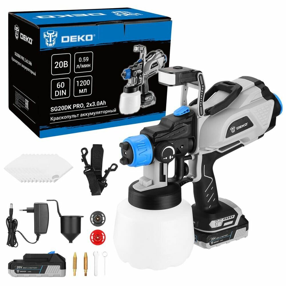 Аккумуляторный краскопульт Deko SG20DK PRO, 20В, 1200 мл, 2x3.0Ач 083-1136