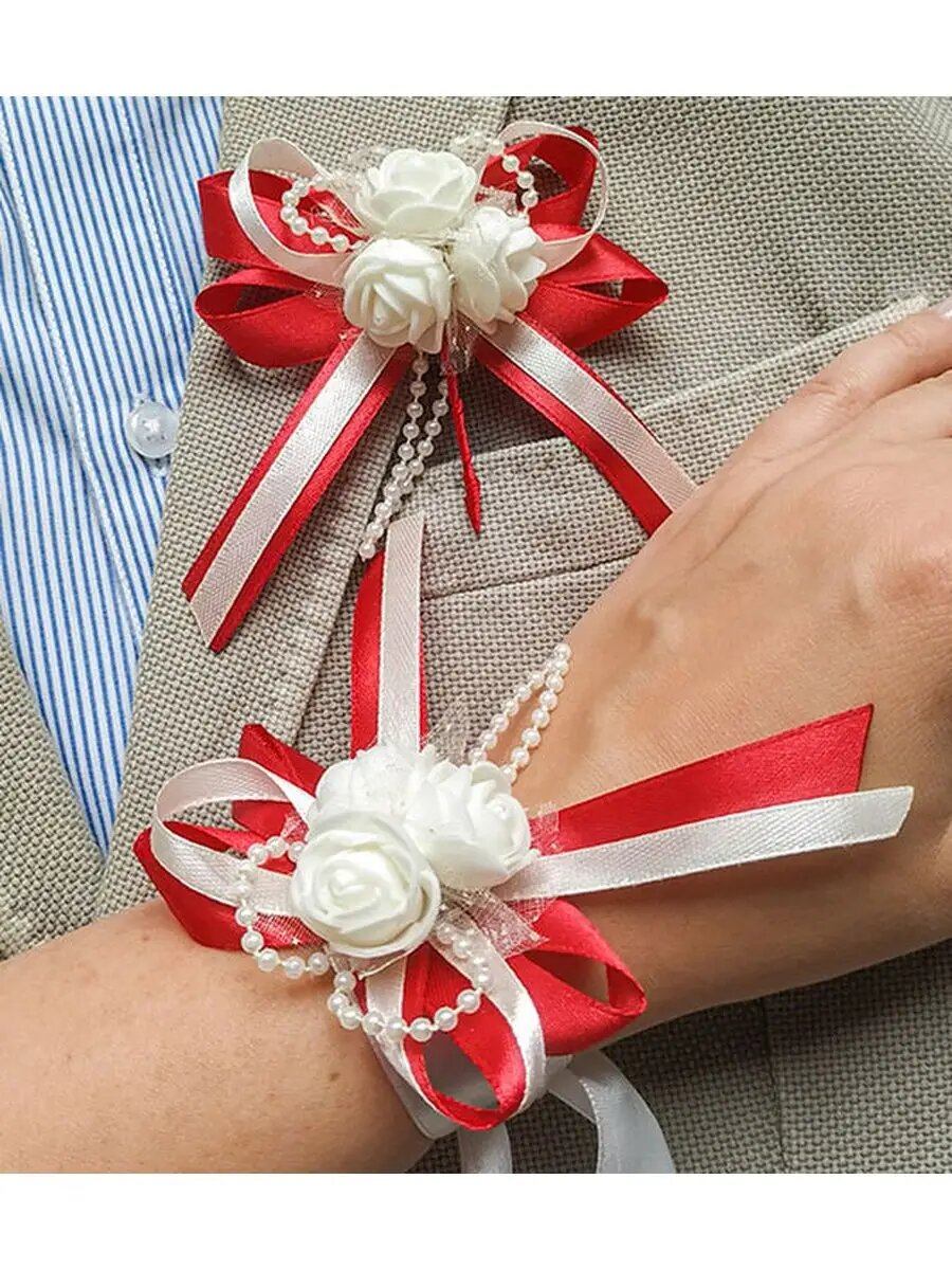 Набор: бутоньерка и браслет для жениха и невесты на руку и пиджак, комплект для свидетелей и гостей на свадьбу¶