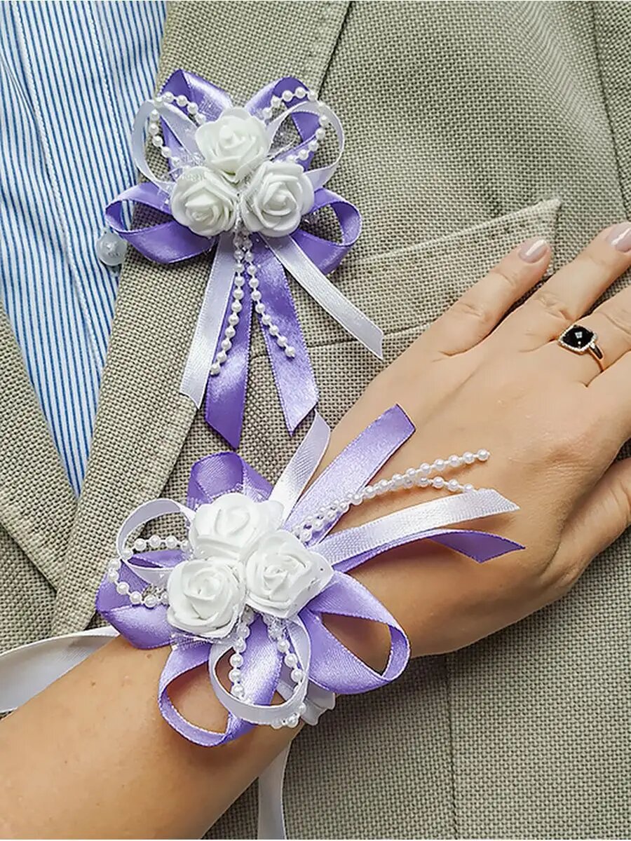 Набор: бутоньерка и браслет для жениха и невесты на руку и пиджак, комплект для свидетелей и гостей на свадьбу¶