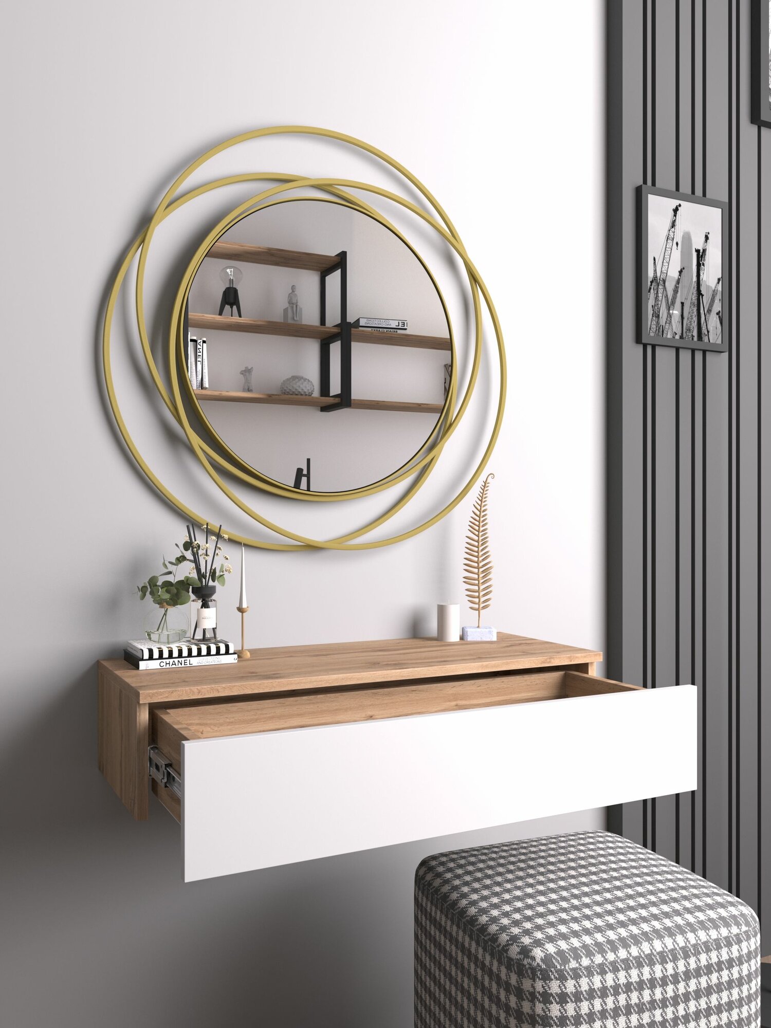 Туалетный столик SAMADA с ящиком, 75х30х17см, дуб вотан/белый