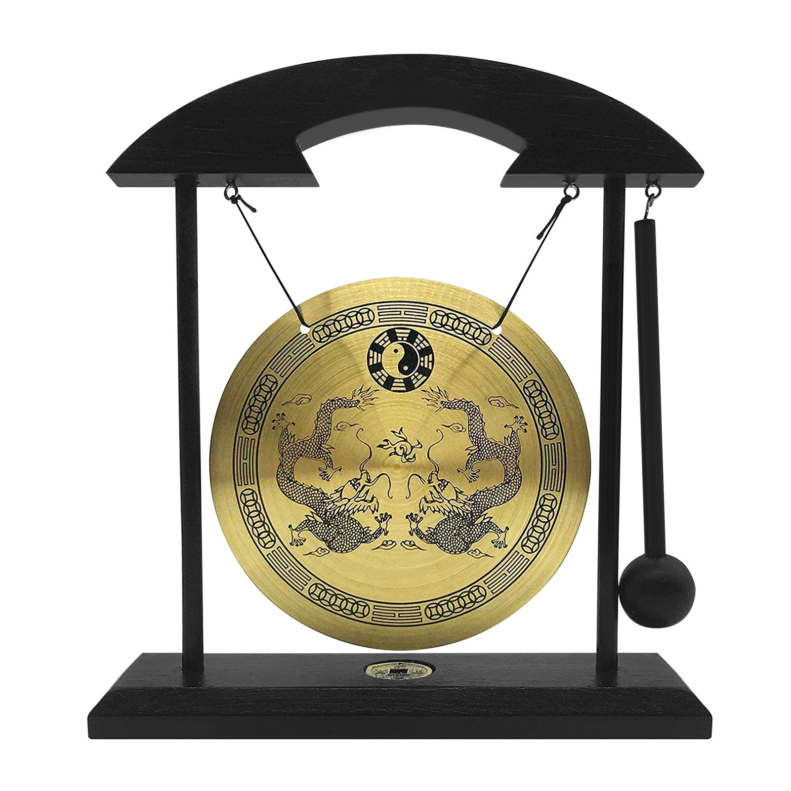 Миниатюрный настольный гонг, колокольчик, ударные инструменты с молоточком для украшения дома, подарок на новоселье - символы Тайцзи в виде дракона (двойной).