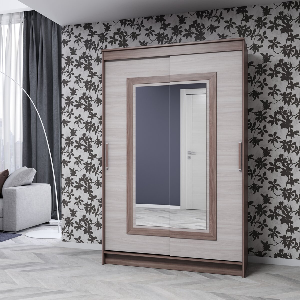 Шкаф-купе Элегант 5 с зеркалом Ясень шимо светлый/Ясень шимо тёмный