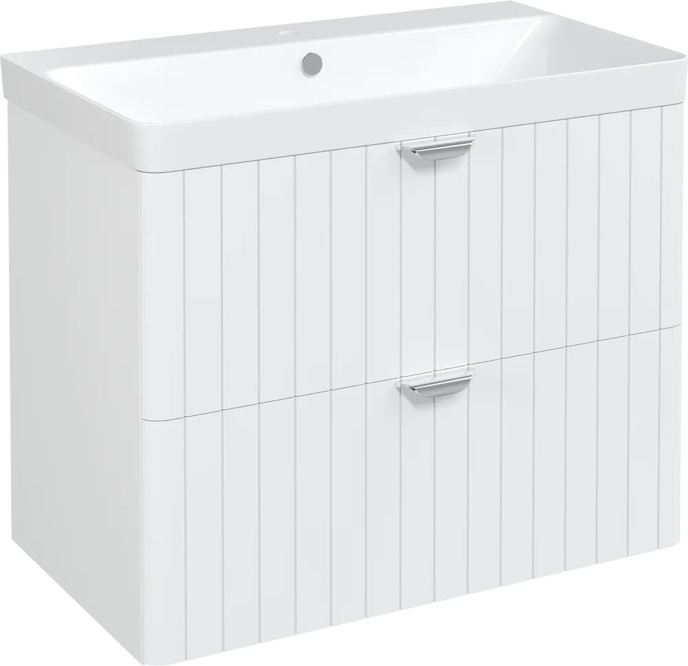 Тумба с раковиной STWORKI Ларвик 80 подвесная, 80, 5 см, белая, матовая, из МДФ, с ящиками, раковина для ванной фаянсовая, прямоугольная, встроенный слив-перелив, с сифоном