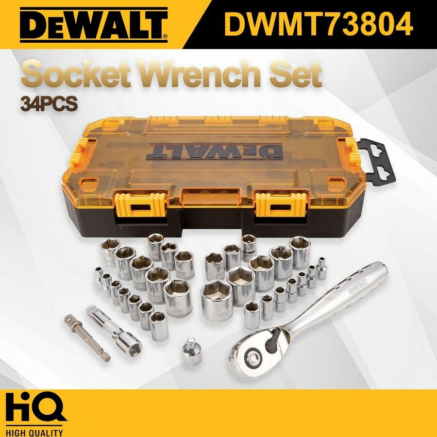 DEWALT 34 предметов набор торцевых головок с трещоткой, 1/4" и 3/8" , SAE/Metric, с футляром для хранения, DWMT73804