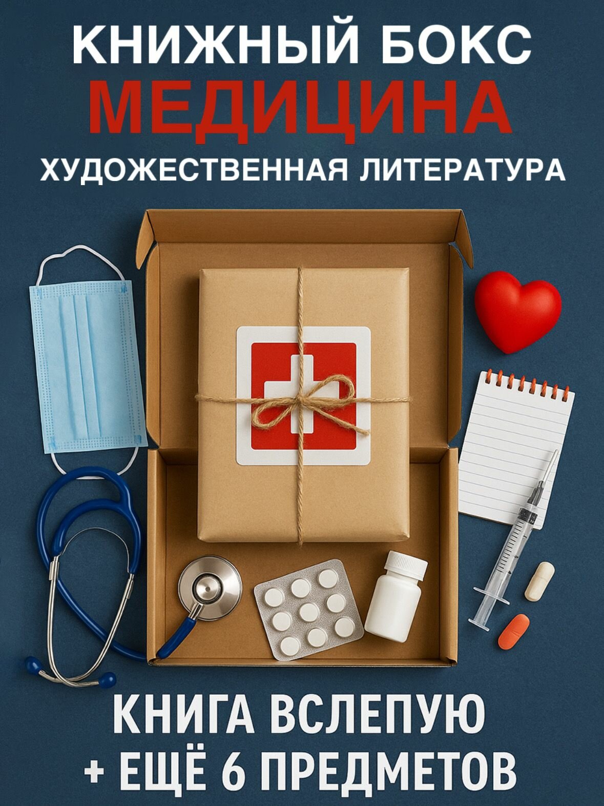 Книжный бокс с подарками и книгой вслепую Медицинская художественная литература