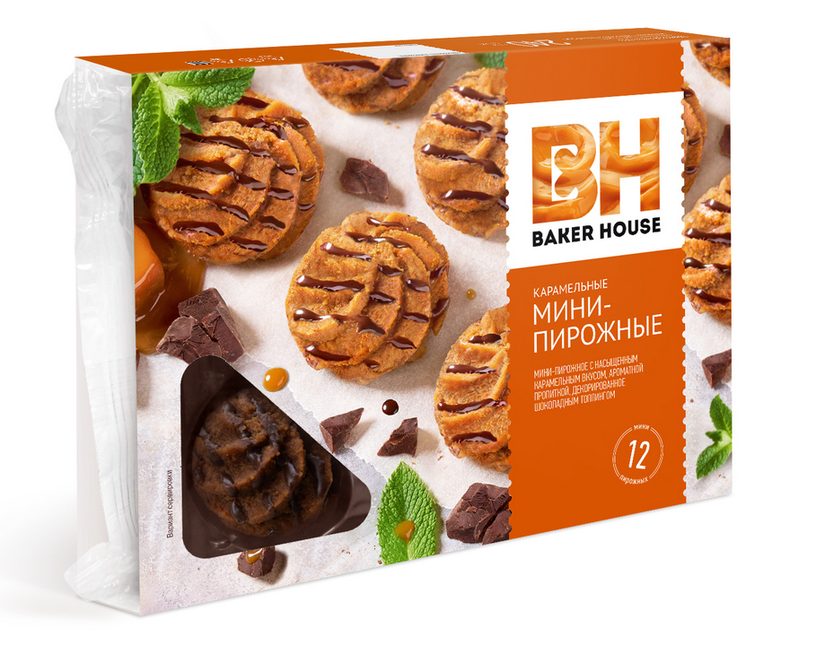Baker House Мини-пирожные, крошковые, Карамельные, 12 штук в упаковке, 240 гр.