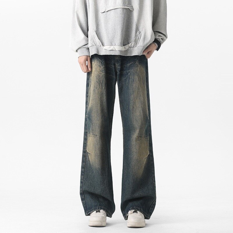Мужские джинсы Чистый цвет Лето американский vibe стиль контрастный цвет свободный прямой брюки