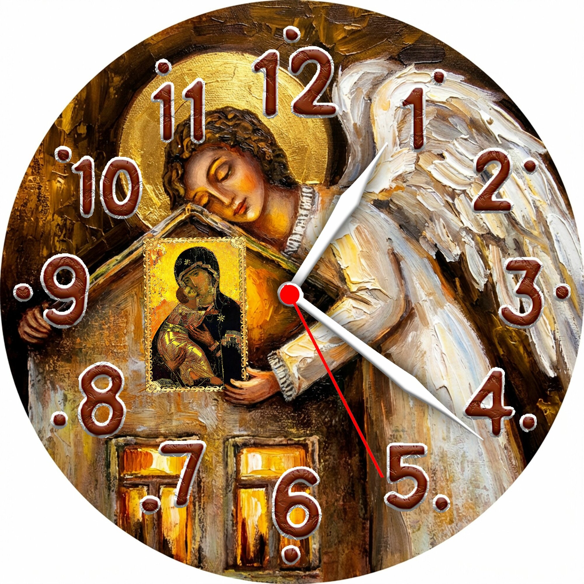 Ангел хранитель дома и семьи, С древнейшей чудодейственной иконой, Часы оберег из древесины прессованной МДФ D 27 см, 5 мм, настенные и настольные с подставкой, бесшумные, Уникальные, ручная работа