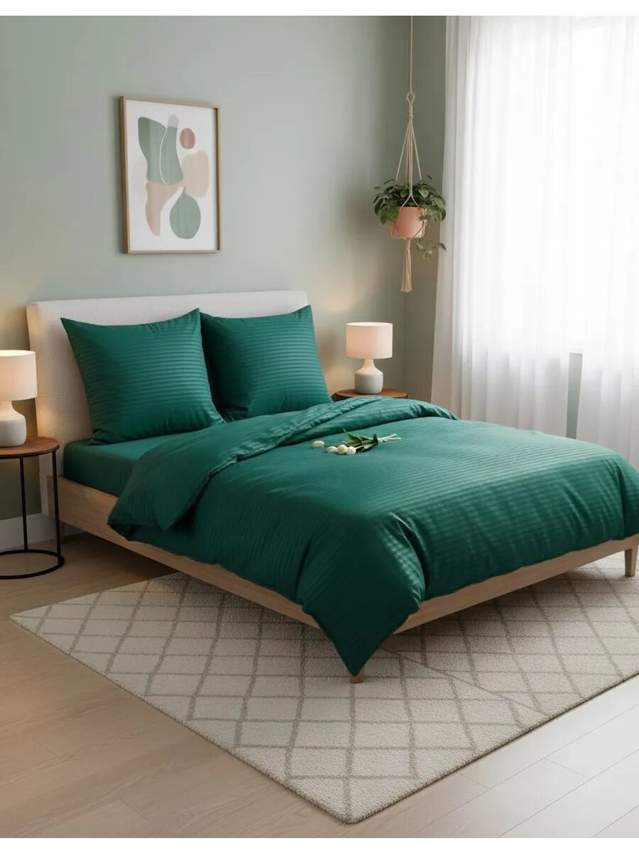 Постельное бельё Kamtex, страйп-сатин, 1,5-спальный, изумрудно-зелёный, комплект