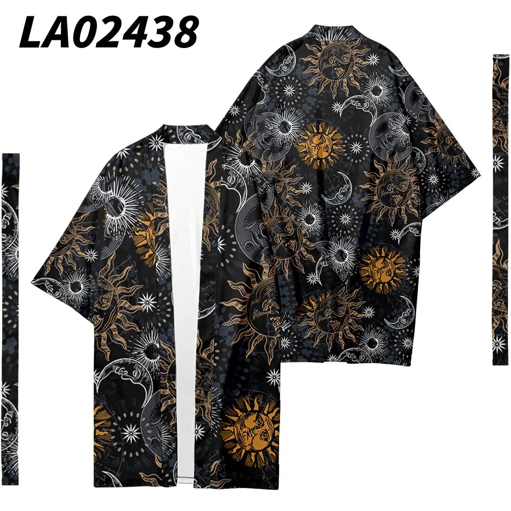 Черное японское кимоно с принтом Солнца и Луны, XXL, style 17