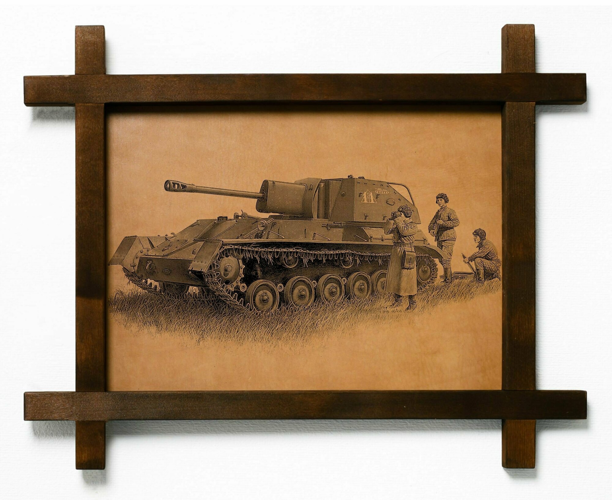 Интерьерная картина из натуральной кожи "Танк", декоративное настенное панно в деревянной раме, BoomGift