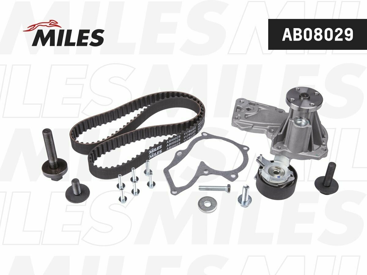 Комплект ГРМ с помпой MILES AB08029 для а/м Ford Focus, Fusion, Fiesta, Ecosport, C-Max, Mazda 2, Volvo C30, S40, V50 с двигателями 1.2, 1.3, 1.4, 1.6.