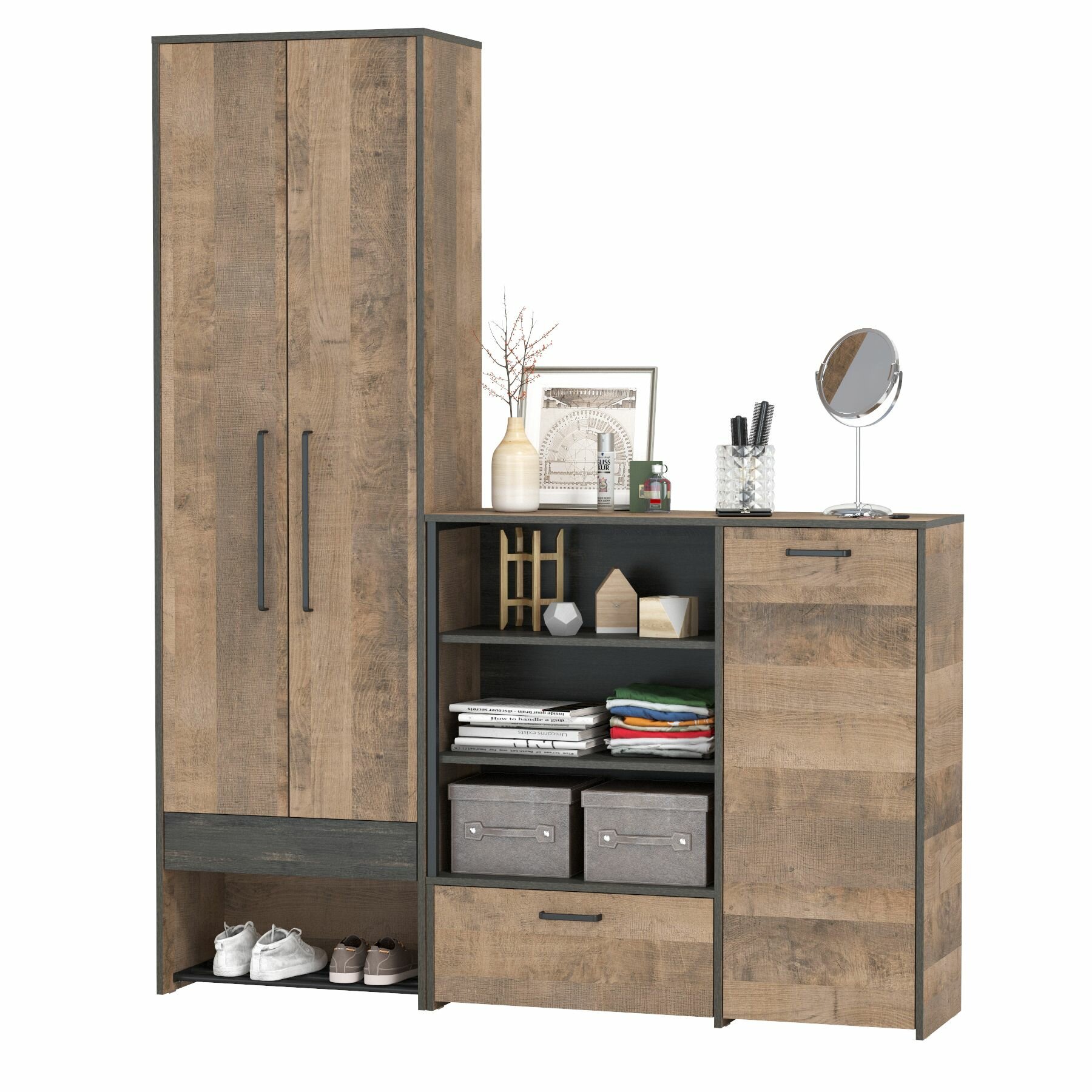 Шкаф для одежды в прихожую и большой комод Трувор, цвет дуб гранж песочный/интра, ШхГхВ 172,2х37х210 см.