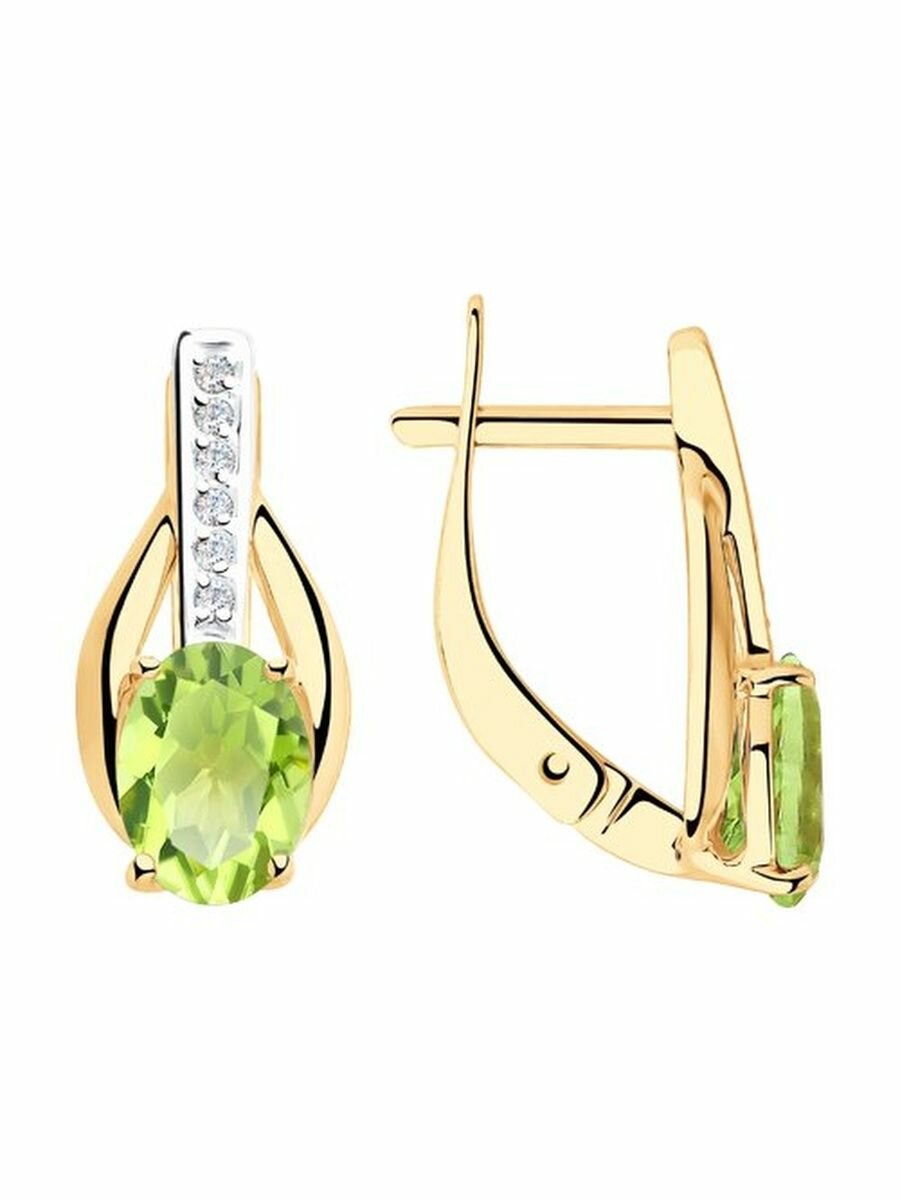 Серьги, красное золото, 585 проба, фианит, хризолит