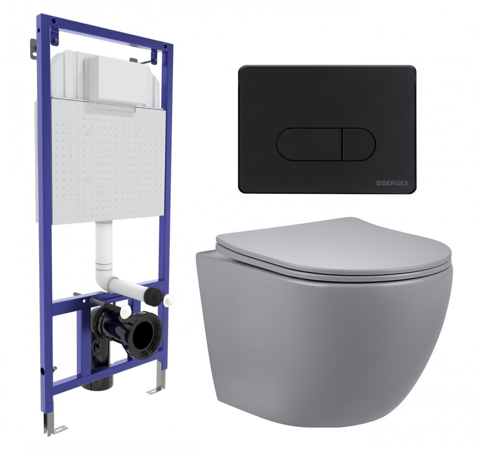 Комплект 3 в 1 инсталляция Berges Wasserhaus Novum 040235 + Унитаз подвесной Vincea Globo VT1-14SMG + кнопка черная