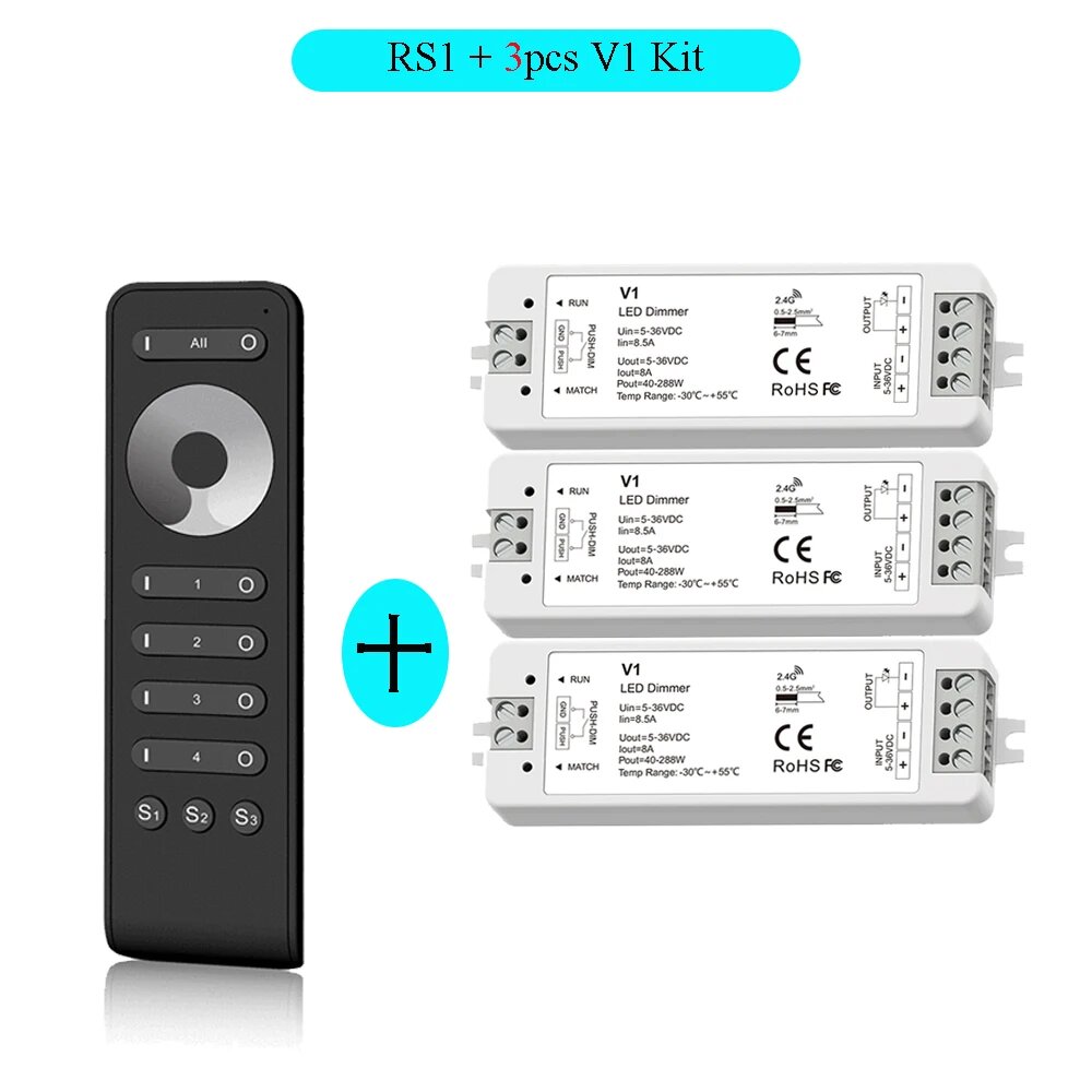 CENFAYA 4-зонный LED-диммер V1 для одноцветных светодиодов 5-36В RS1 and 3pcs V1 KIT