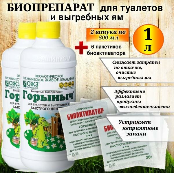 Горыныч - бинарный биопрепарат для туалетов и выгребных ям (0,5 л + 3 пакетика по 30 г) - 2 шт.