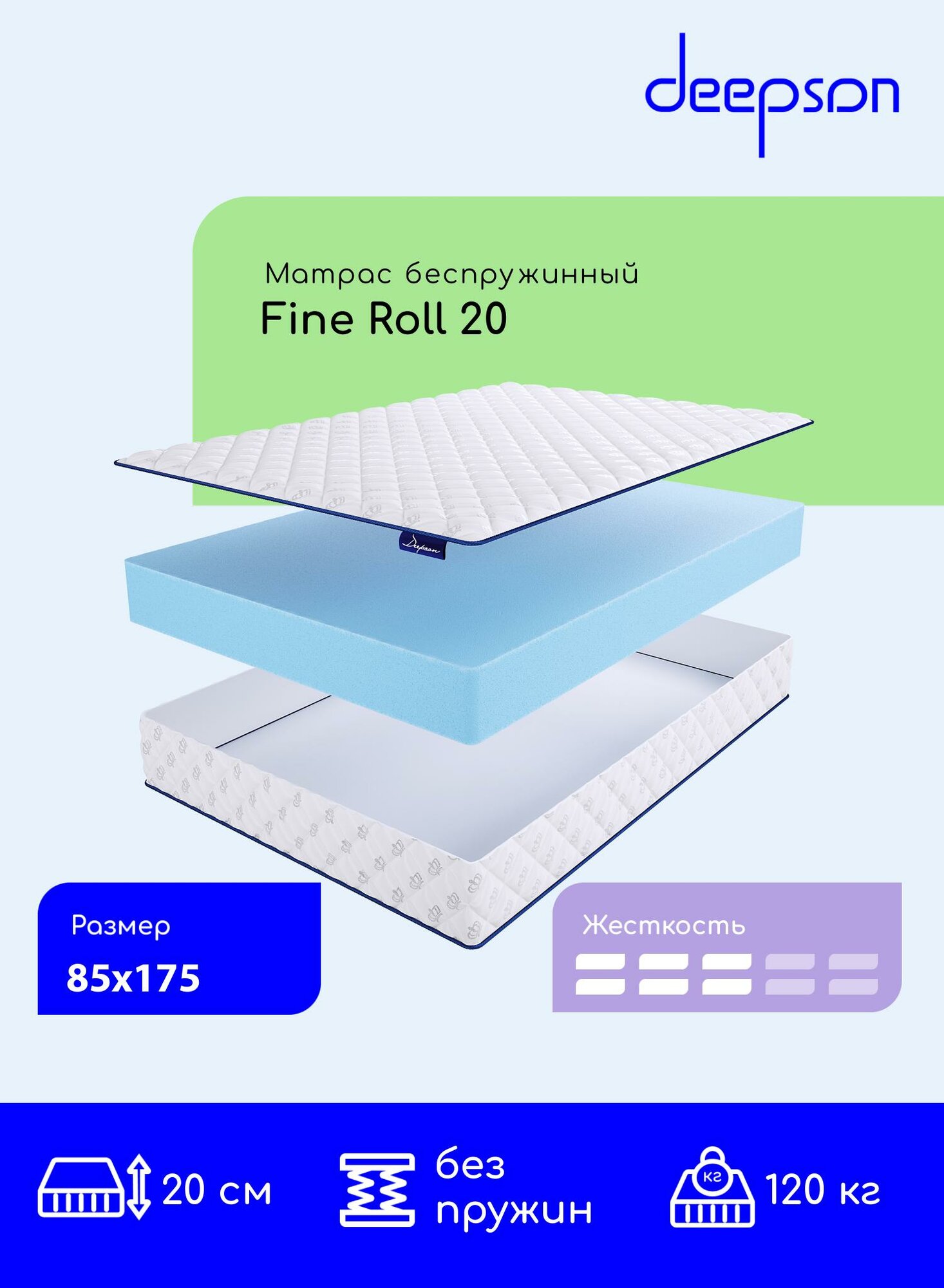 Матрас 85x175 ортопедический беспружинный Deepson Fine Roll 20